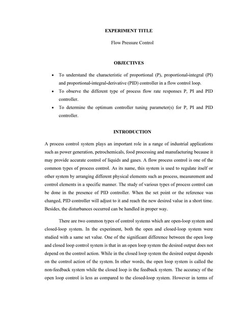 Flow Pressure Control Experiment Uemk3431 Chemical Engineering Laboratory 2 Utar Thinkswap