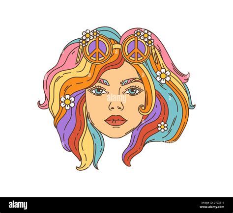 Cartoon Retro Groovy Hippie Woman Character Face Isolated Vector