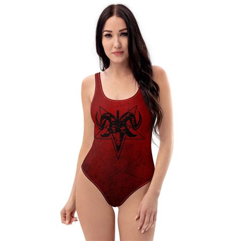 Red One Piece Swimsuit Baphomet Clothing Goth Swimwear For Women