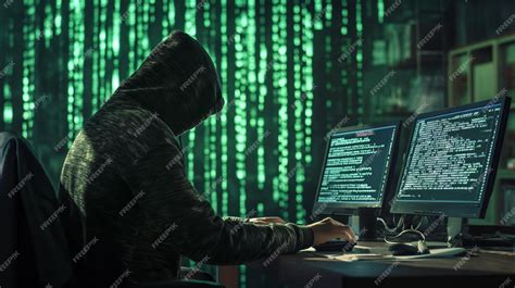 Premium Photo Hooded Figure Hacker Typing On A Laptop With Code On