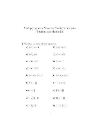 Multiplying With Negative Numbers Integers Fractions And Decimals