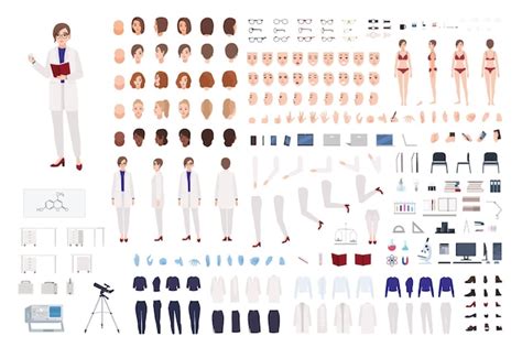 여성 과학자 또는 과학 실험실 작업자 생성자 세트 또는 Diy 키트 여성 신체 부위 실험실 의류 및 장비 흰색 배경에 고립의