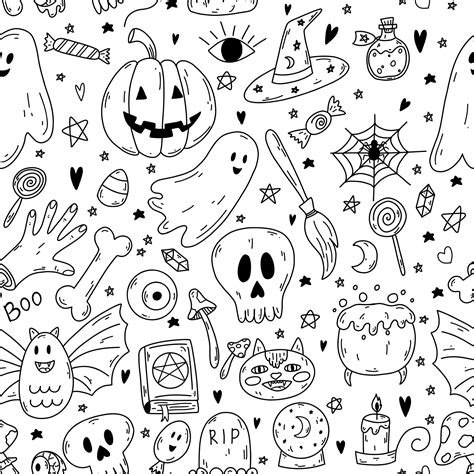 Seamless Pattern With Doodle Cartoon Halloween Objects In Black Color