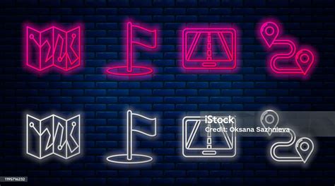 설정 라인 플래그 도시지도 탐색의 인포 그래픽 위치 마커 및 경로 위치와 접힌지도 벽돌 벽에 빛나는 네온 아이콘입니다 벡터 거리에 대한 스톡 벡터 아트 및 기타 이미지