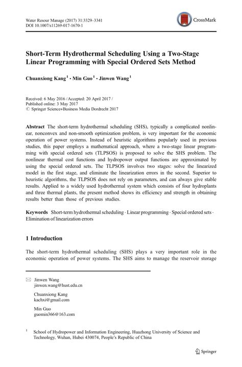 Pdf Short Term Hydrothermal Scheduling Using A Two Stage Linear Programming With Special