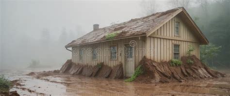 Wooden House Covered In Mud After A Landslide On A Misty Day Stock