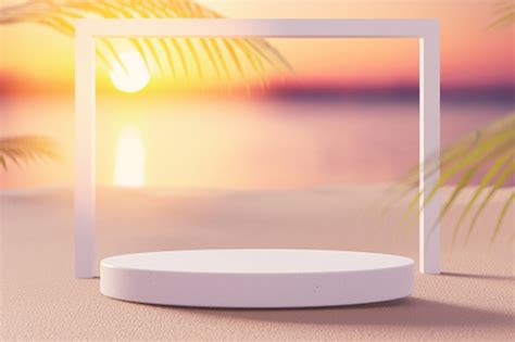 팜 비치와 일몰 하늘 추상적인 배경에 제품 전시 프리젠테이션을 위한 복사 공간이 있는 3d 연단 열대 여름과 휴가 개념 그래픽 아트 디자인 0명에 대한 스톡 사진 및 기타