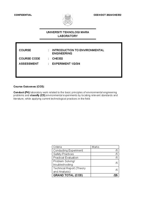 Lab Report CHE Experiment CONFIDENTIAL CEEH OCT CHE UNIVERSITI TEKNOLOGI MARA