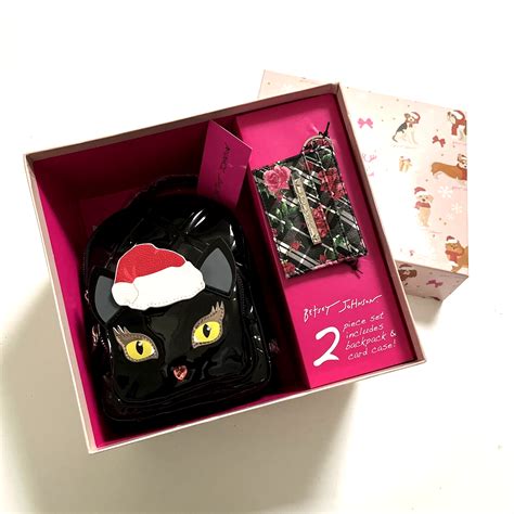 Nwt Betsey Johnson 2pc Black Patent Cat Backpack And Floral Card Case