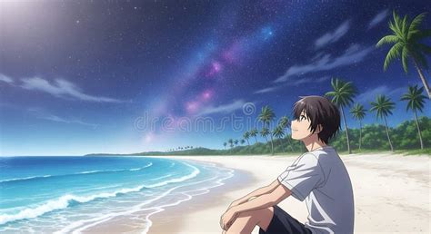Anime Style Scene Depicting A Young Male Sitting On A Sandy Beach At
