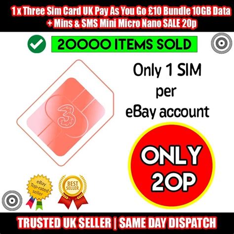 1 X Three Sim Card Uk Pay As You Go £10 Bundle 10gb Data Mins And Sms Sale 20p £0 99 Picclick Uk