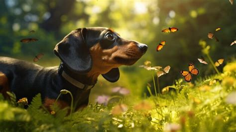 Un Chien Teckel Chasse Les Papillons Qui Volent En été Photo Premium