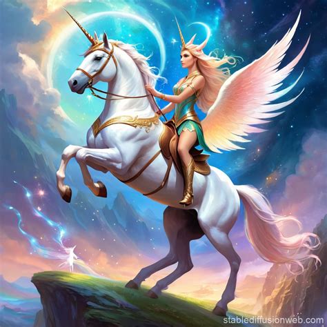 Magic Elf Woman Rides Unicorn Stable Diffusion Online