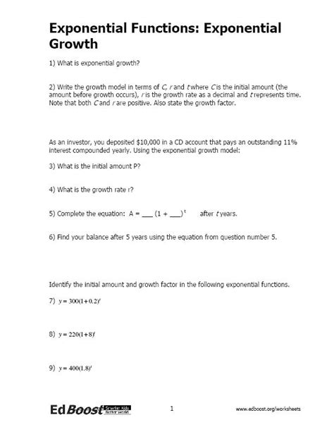 Exponential Functions Exponential Growth Edboost Worksheets Library