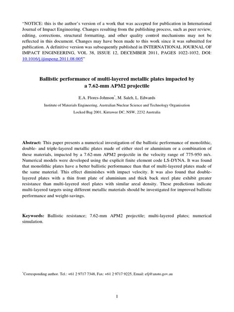ballistic performance of multi layered metallic pl pdf computer
