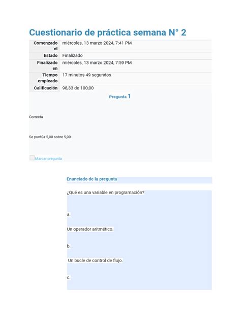 Cuestionario De Práctica Semana 2 Pdf Programación Programa De Computadora