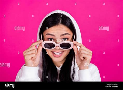 Photo Of Excited Pretty Funny Lady Take Off Sunglass Sale Reaction Wear
