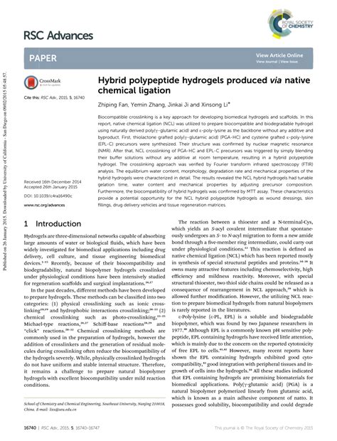 Pdf Hybrid Polypeptide Hydrogel Produced Via Native Chemical Ligation