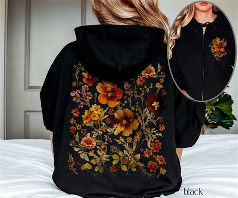 Pressed Flowers Zip Hoodie Full Zip Cottagecore Autumn Floral Sweater