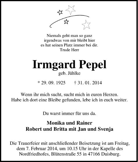 Traueranzeigen Von Irmgard Pepel Trauer In Nrwde