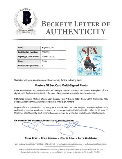 Masters Of Sex 9 Sheen Caplan Bridges Janney 5 Signed 11x14 Photo Bas