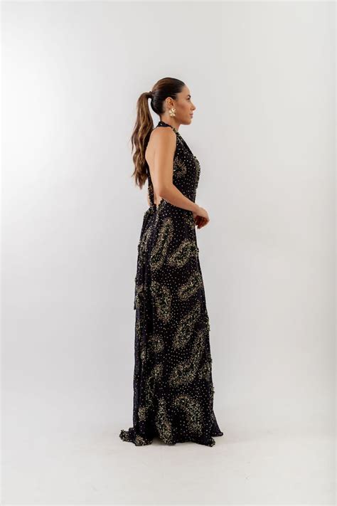 Vestido Longo Bordado Seda Pura Bow Store