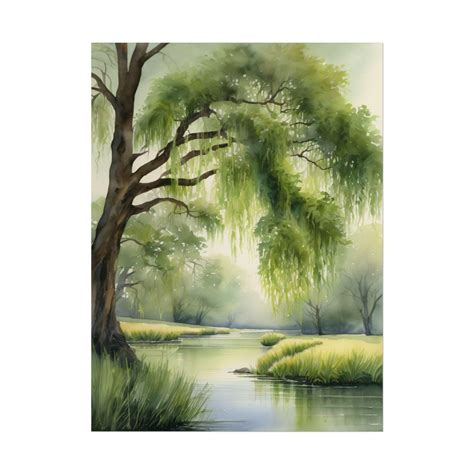 Willow Tree Watercolor Art Print Lakeside Landscape Painting Weeping