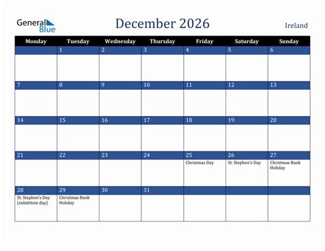 December 2026 Ireland Holiday Calendar Monday Start