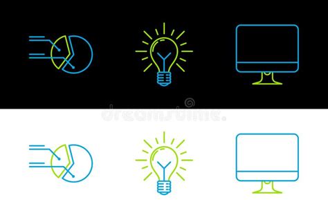 set line computer monitor screen pie chart infographic and light bulb
