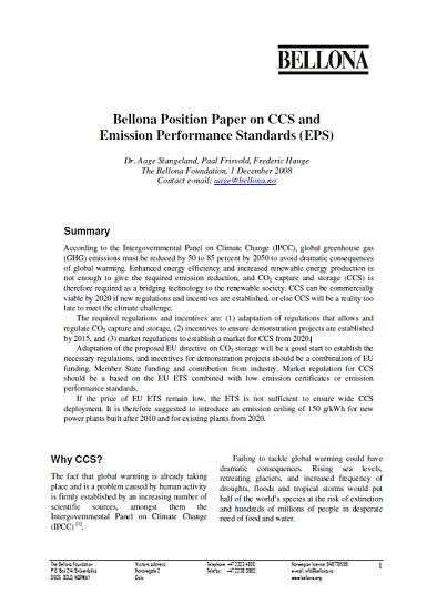 Bellona Position Paper On Ccs And Emission Performance Standards Eps