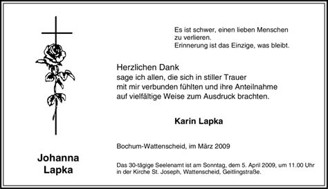 Traueranzeigen Von Johanna Lapka Trauer In Nrw De