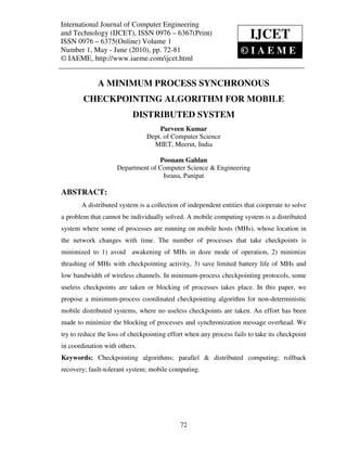A Minimum Process Synchronous Checkpointing Algorithm PDF