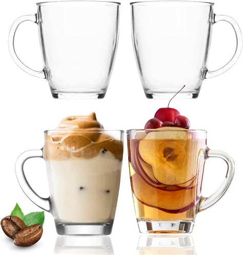 Everbuy Set Of 4 Latte Glasses 350ml Glass Mugs For Hot Drinks With Handles Latte Mugs Clear