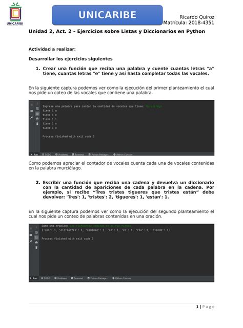 Quiroz Ricardo Ejercicios Sobre Listas Y Diccionarios En Python Act Ricardo Quiroz Matrícula