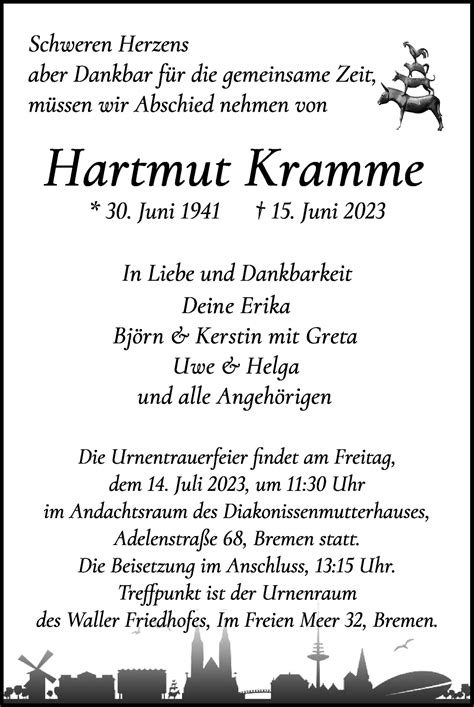Traueranzeigen Von Hartmut Kramme Trauer And Gedenken