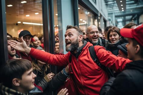 excited crowd entering store on sale day in shopping mall premium ai