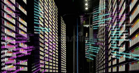 Rows Of Server Racks With Colorful Lights Are Displaying Data Stock Illustration Illustration