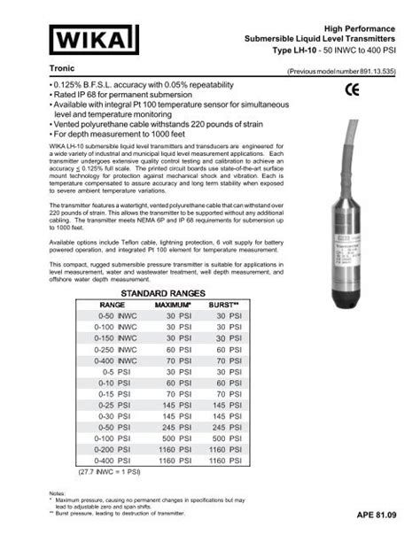 WIKA LH-10 Submersible Liquid Level Transmitter Spec - Lesman ...