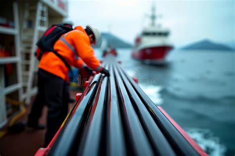Worker Handling Submarine Cables On Vessel Deck Generative Ai Stock Illustration Illustration