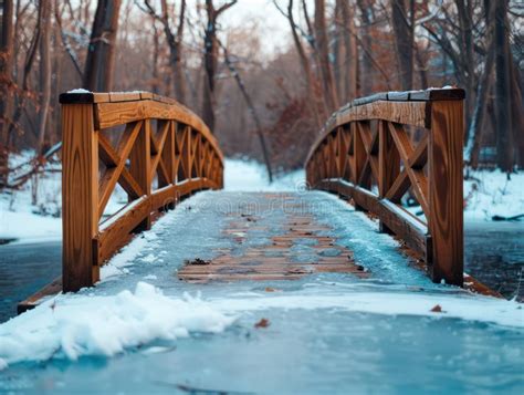 Snow Covered Wooden Bridge Over Frozen River In Winter Wonderland