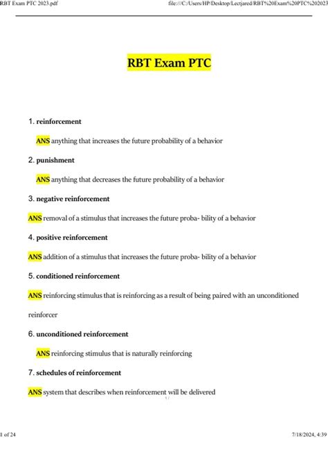 Rbt Exam Ptc 2024 Questions And Answers Updated 2024 2025 Verified Answers Rbt Stuvia Us