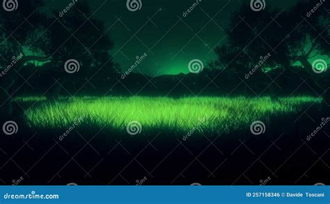 Green Glowing Grass Meadow By Night Loop Abstract Landscape Motion Background Stock Footage