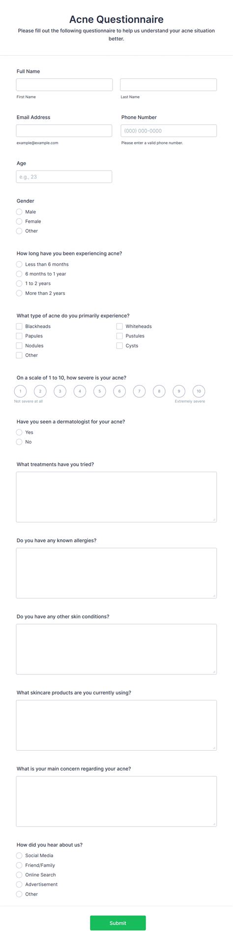 Acne Questionnaire Form Template Jotform