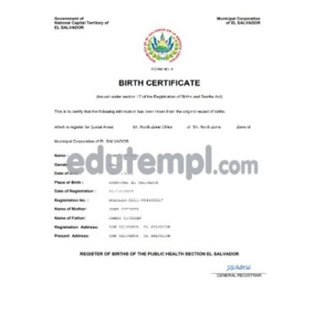 El Salvador Vital Record Birth Certificate Word And Pdf Template