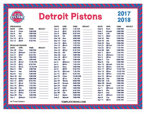 Printable 2017 2018 Detroit Pistons Schedule