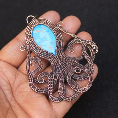 Octopus Oxidize Pendant Turquoise Gemstone Copper Wire Wrap Pendant