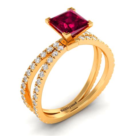 Princess Cut Diamond And Ruby Ring Set In Yellow Gold Florentine