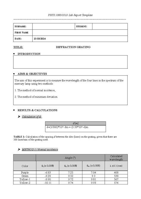Exp08 Diffraction Grating Lab Report Upload Docm PHYS 1000 1033 Lab Report Template Studocu
