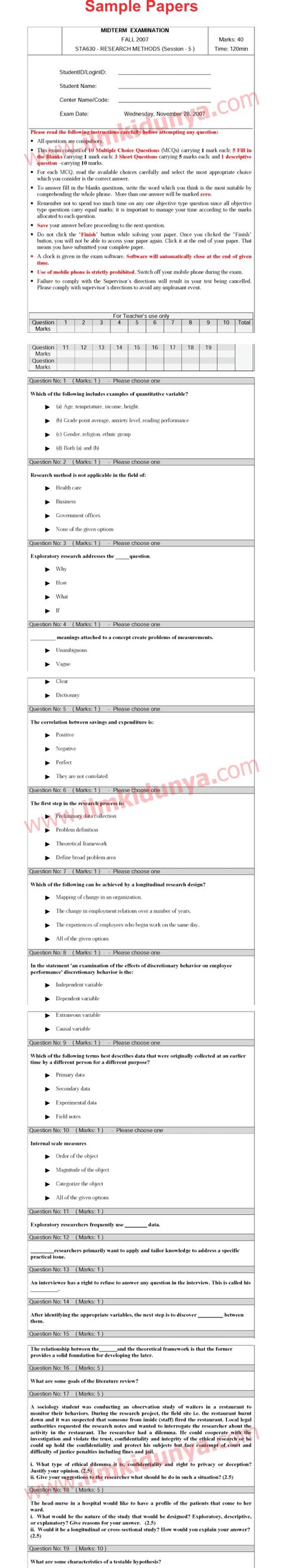 Sta630 Research Methods Bs Public Administration Vu University Past Papers 2007
