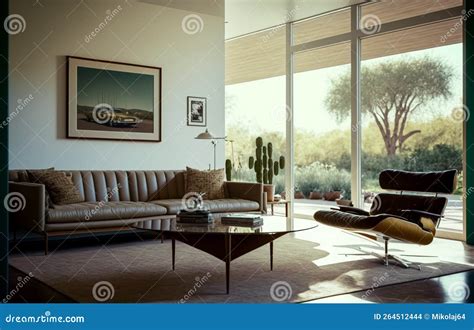 Generative Ai Illustration Of Mid Century Modern House Living Room